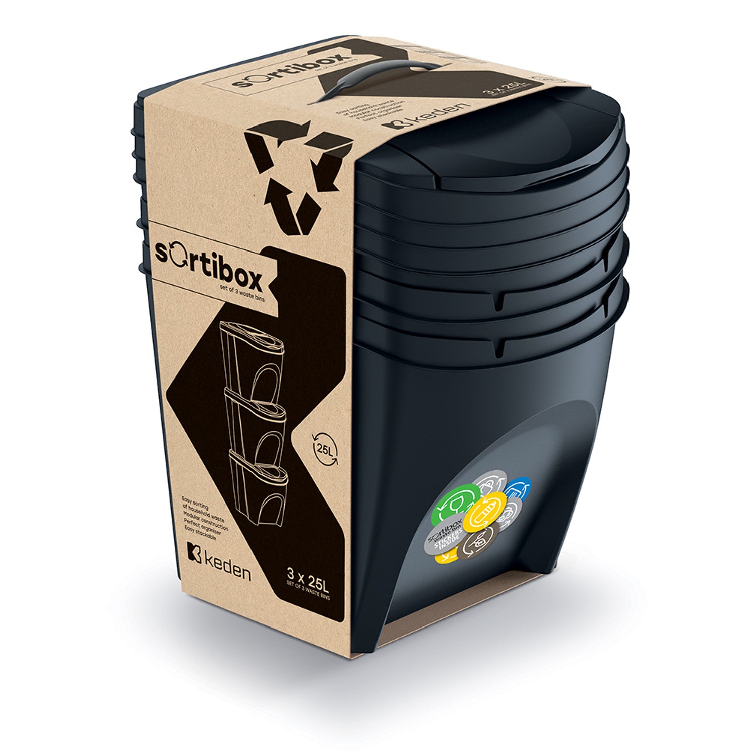 Set 3 cosuri pentru colectare selectiva Prosperplast, Sortibox, 25 L ...